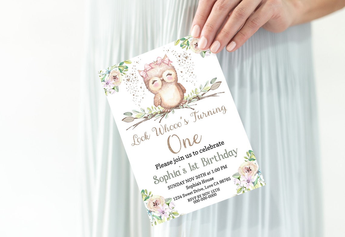 EDITABLE Owl 1st Birthday Invitation Girl First Birthday | Etsy