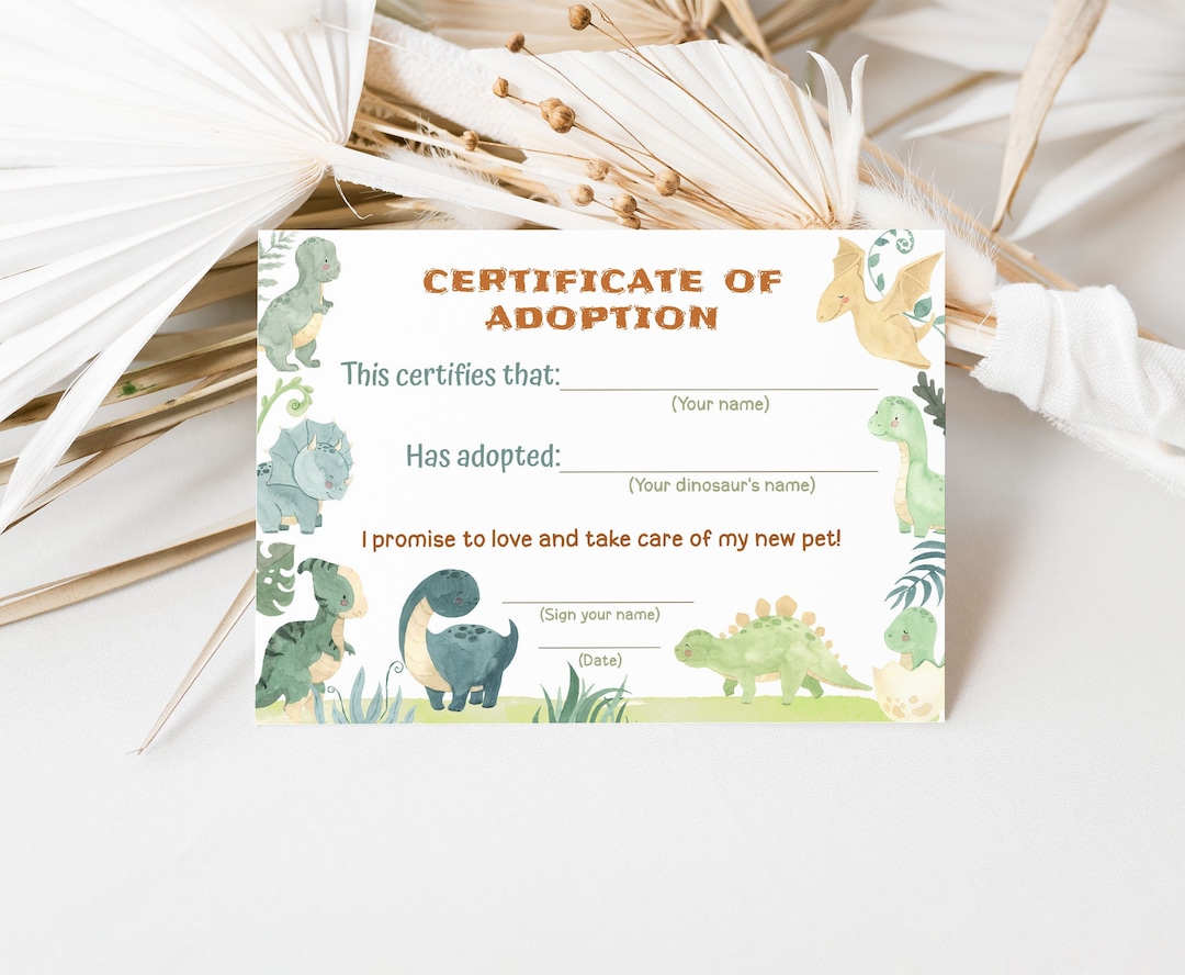 Dinosaur Adoption Certificate, Adopt an Animal, Pet Adoption Party ...