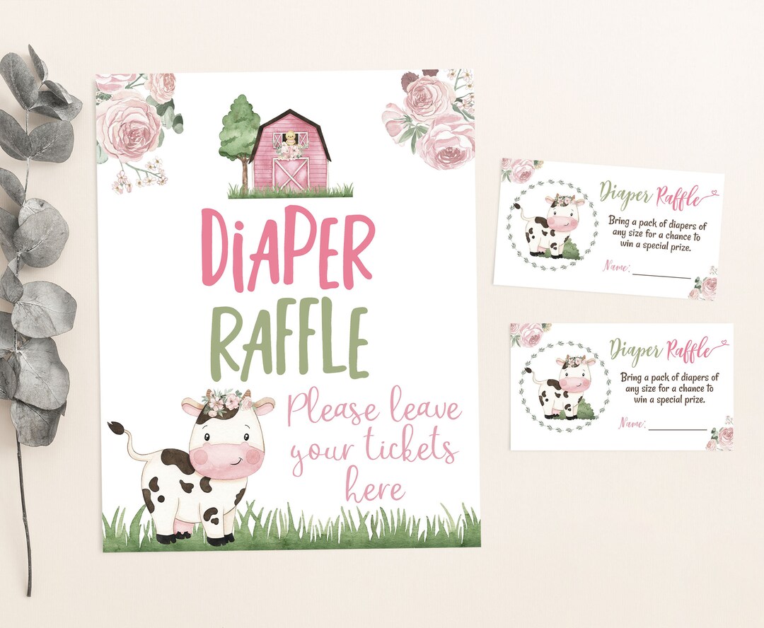 Cow Diaper Raffle Sign + Card, Floral Farm Baby Shower Decorations, Cow ...