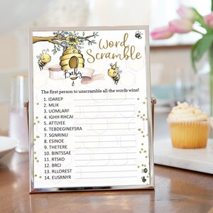 Bee Baby Shower Games, Bumble Bee Baby Word Scramble Printable, Bee ...