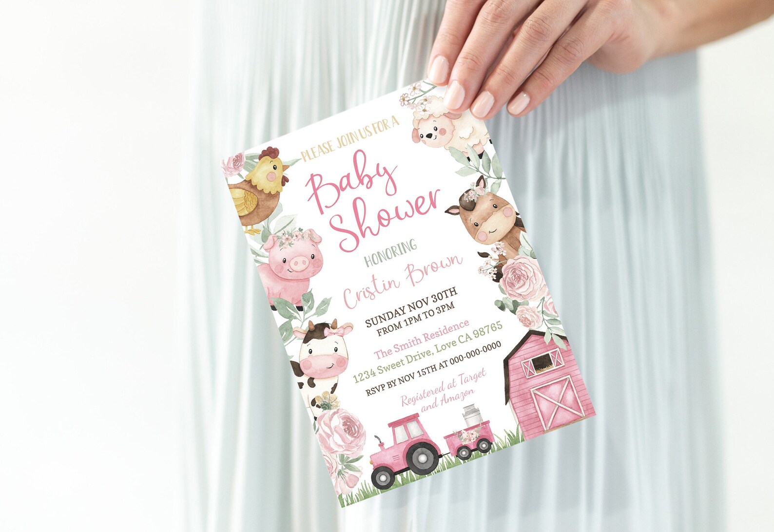 Girl Farm baby shower invitation Floral farm animals baby | Etsy