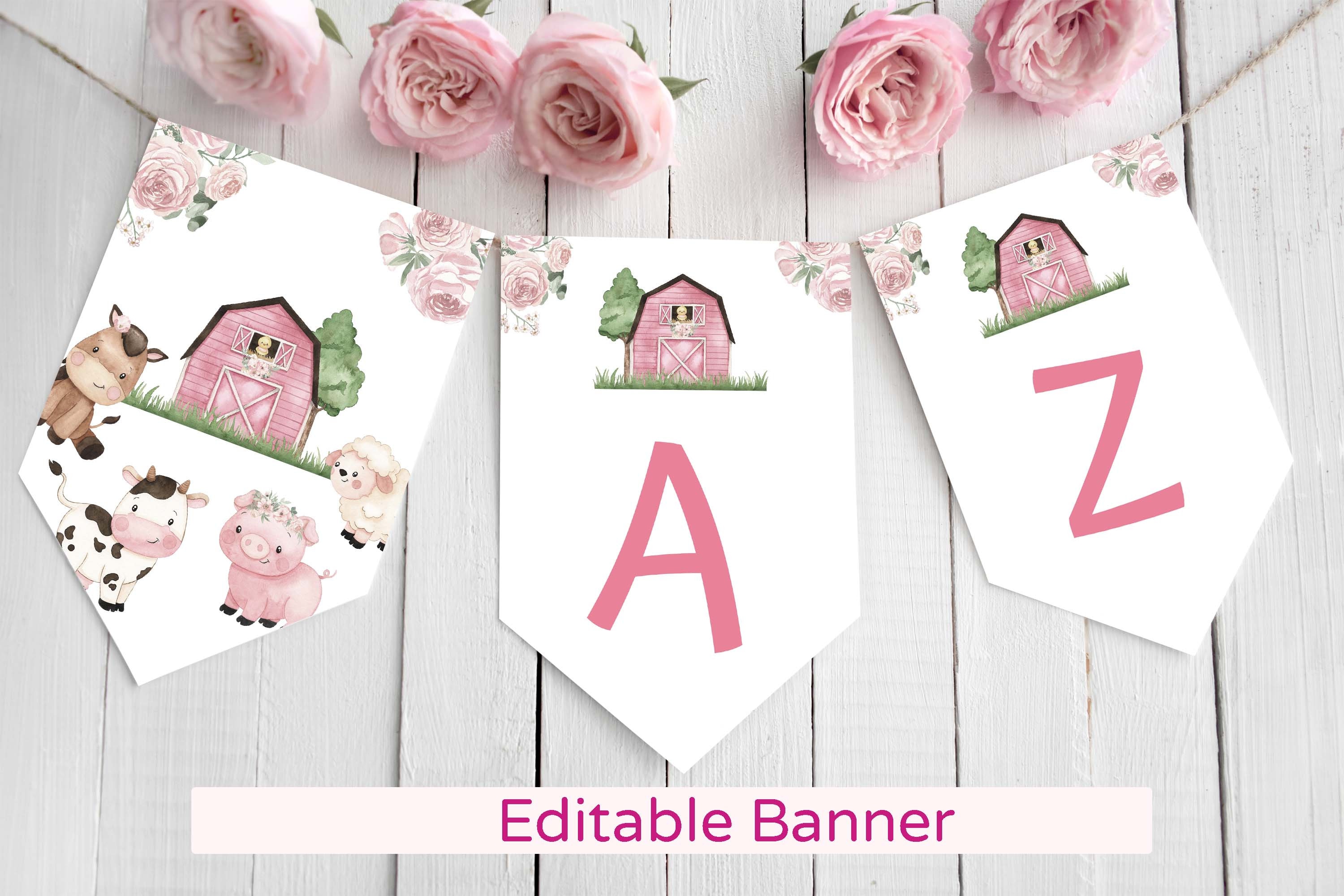 Editable Girl Farm Banner, Custom Farm Birthday Banner, Pink Farm Baby ...