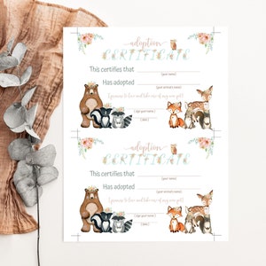 Girl Woodland Animal Adoption Certificate, Adopt an Animal, Floral ...