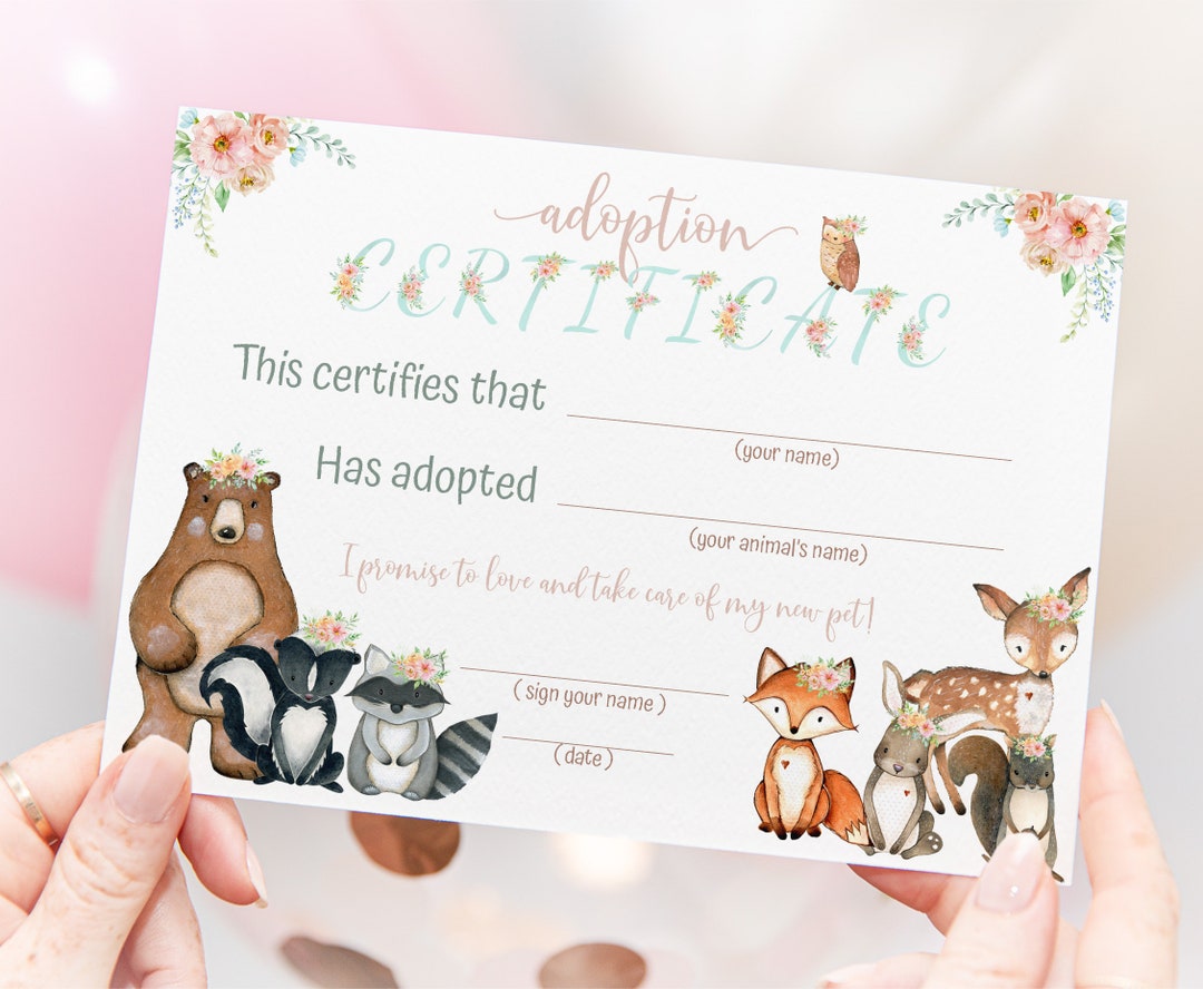 Girl Woodland Animal Adoption Certificate, Adopt an Animal, Floral ...