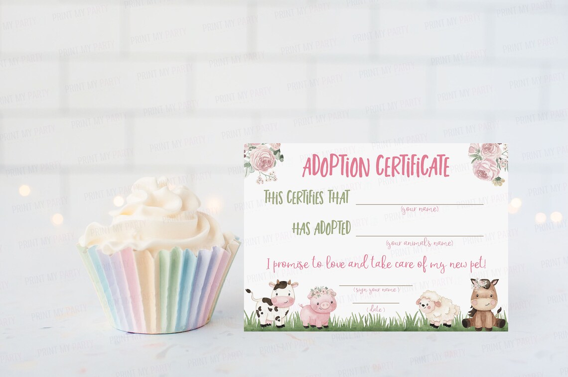 Girl farm adoption certificate Adopt an animal Pet adoption | Etsy