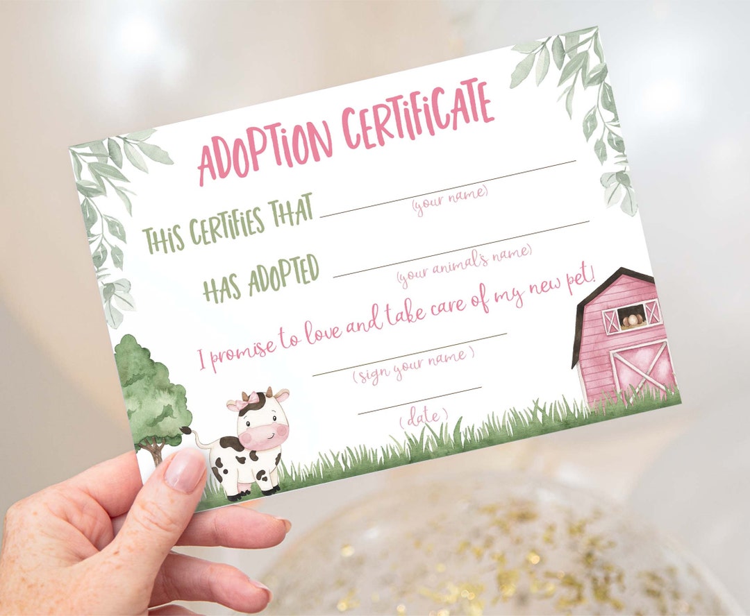 Cow Adoption Certificate, Adopt an Animal, Pet Adoption Party ...