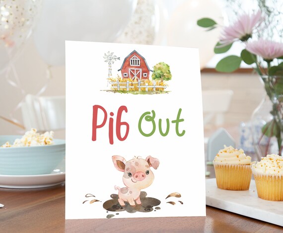 Pig out table sign, Farm pig sign, Farm animals birthday decoration ...