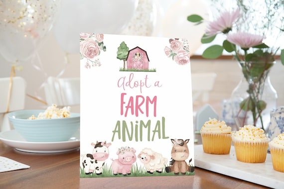 Adopt a farm animal sign, Girl Farm table signs, Floral Farm Party sign ...