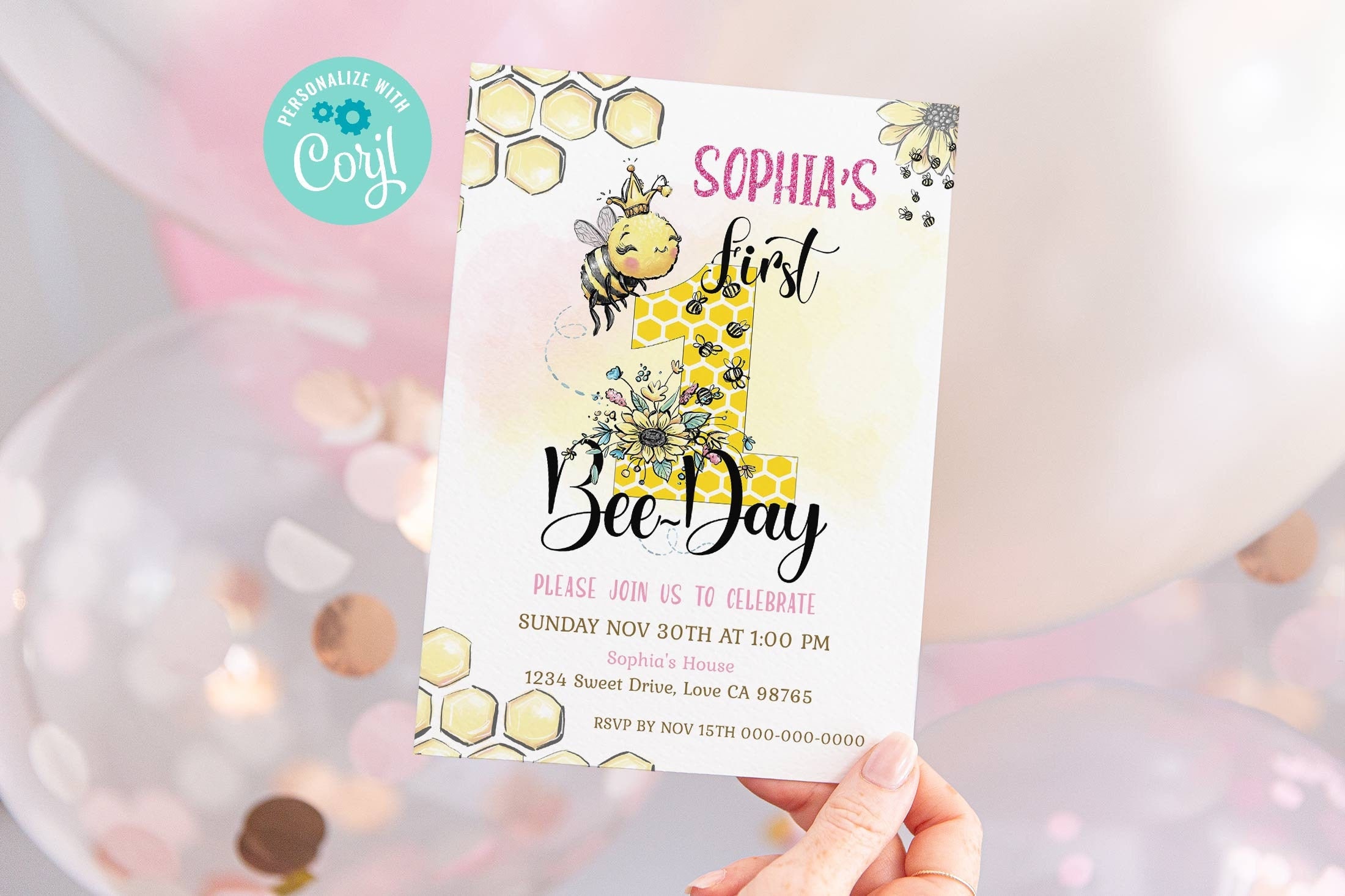 Bee first birthday invitation EDITABLE First bee day invite | Etsy