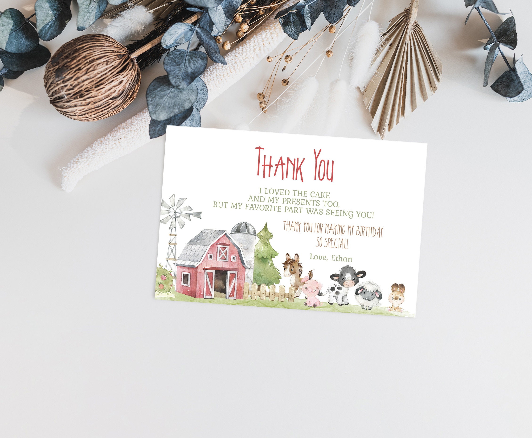 Editable Farm Thank You Card, Farm Birthday Thank You Note, Farm ...