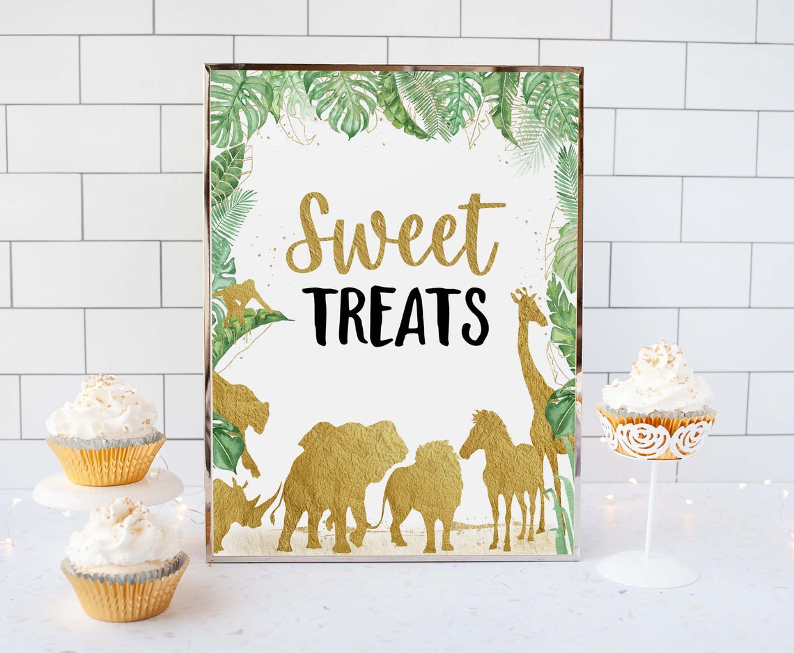 Sweet Treats Party Sign, Safari Table Sign, Gold Safari Animals ...