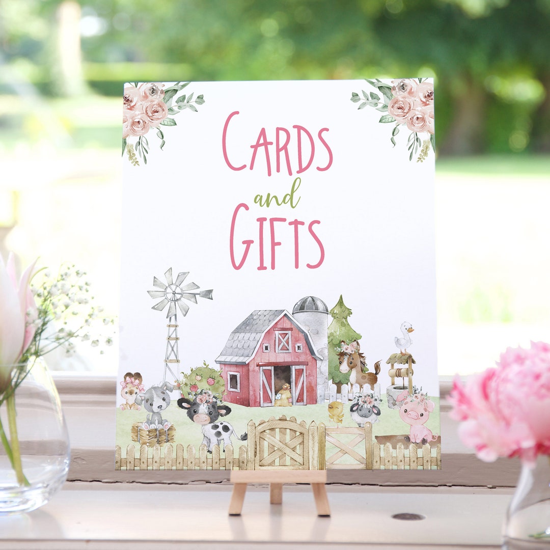 Pink Farm Cards and Gifts Sign, Floral Farm Animals, Pink Barnyard ...