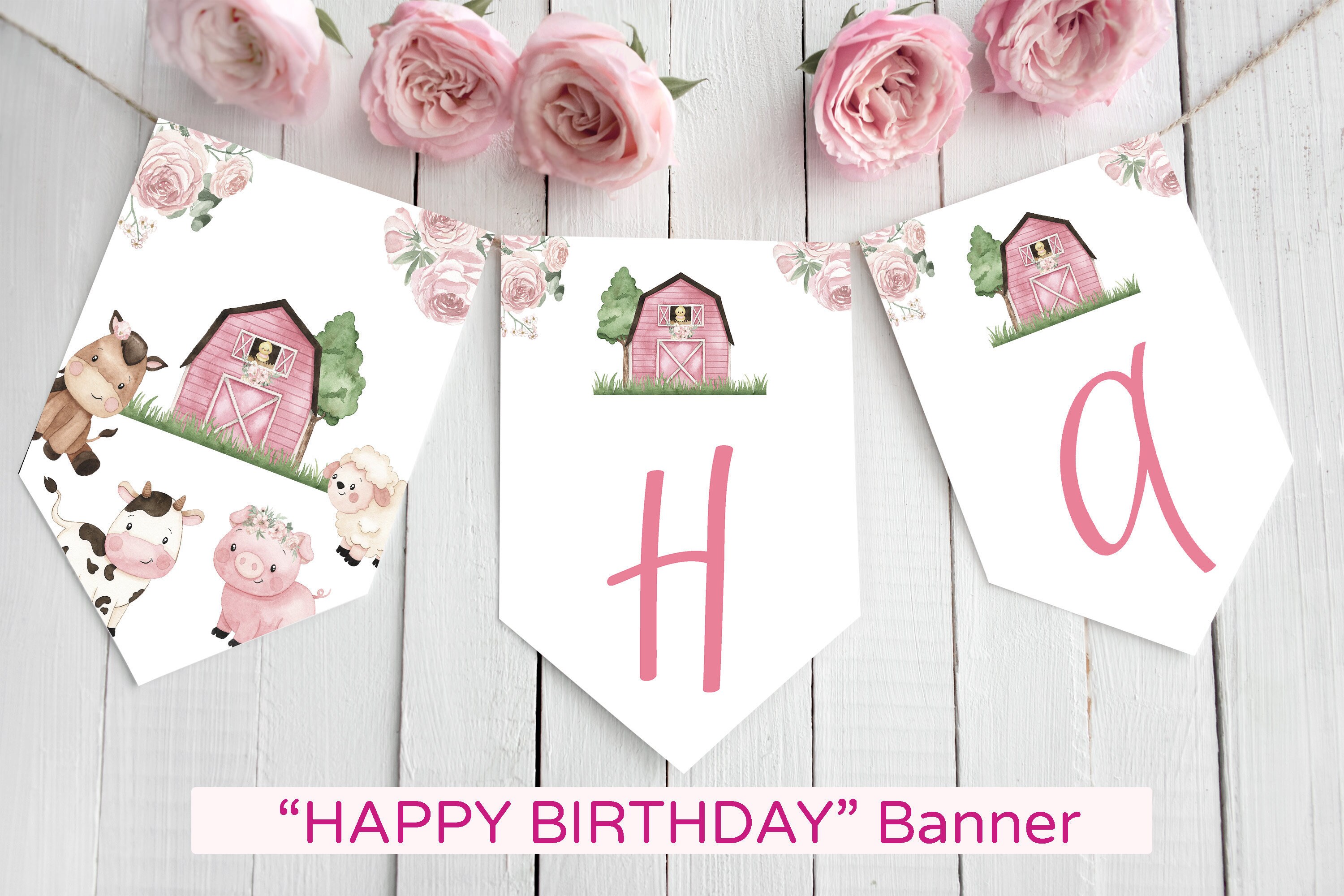 Girl Farm Birthday Banner, Farm Happy Birthday Banner, Pink Farm ...