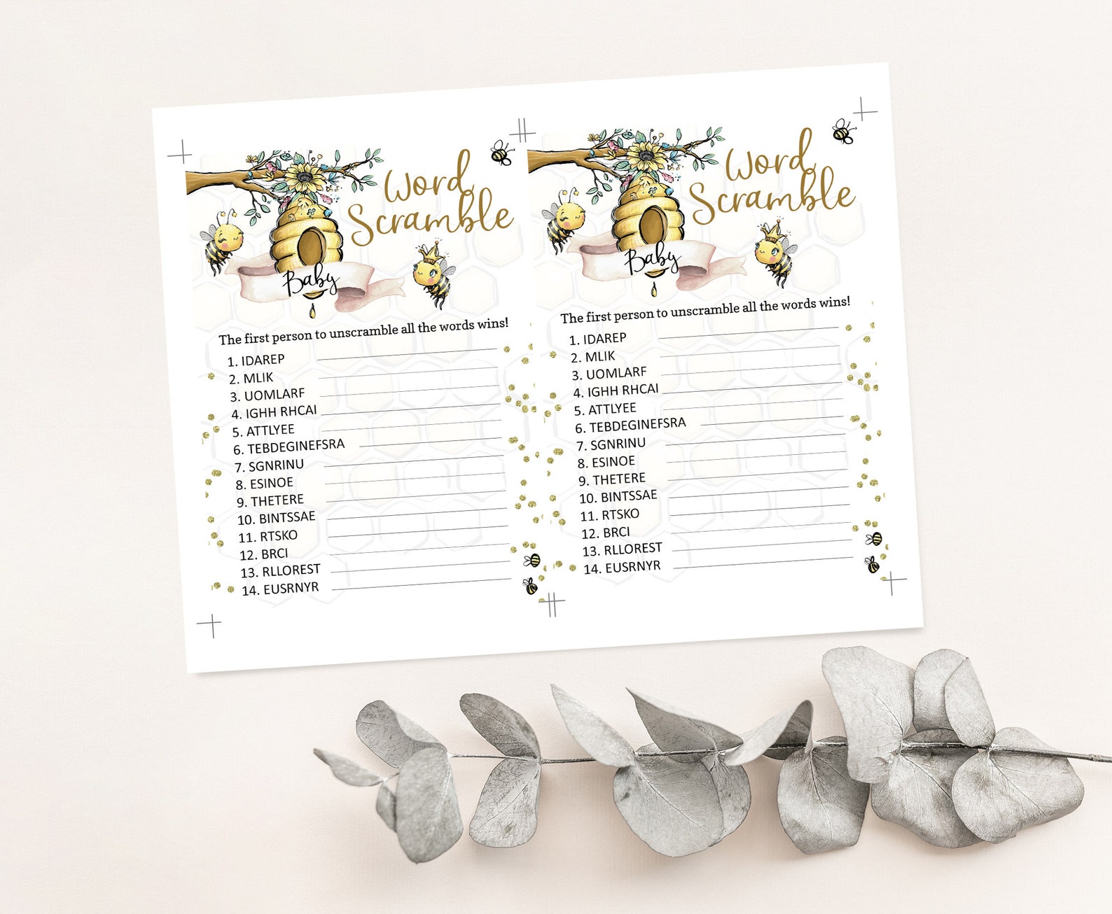 Bee Baby Shower Games, Bumble Bee Baby Word Scramble Printable, Bee ...