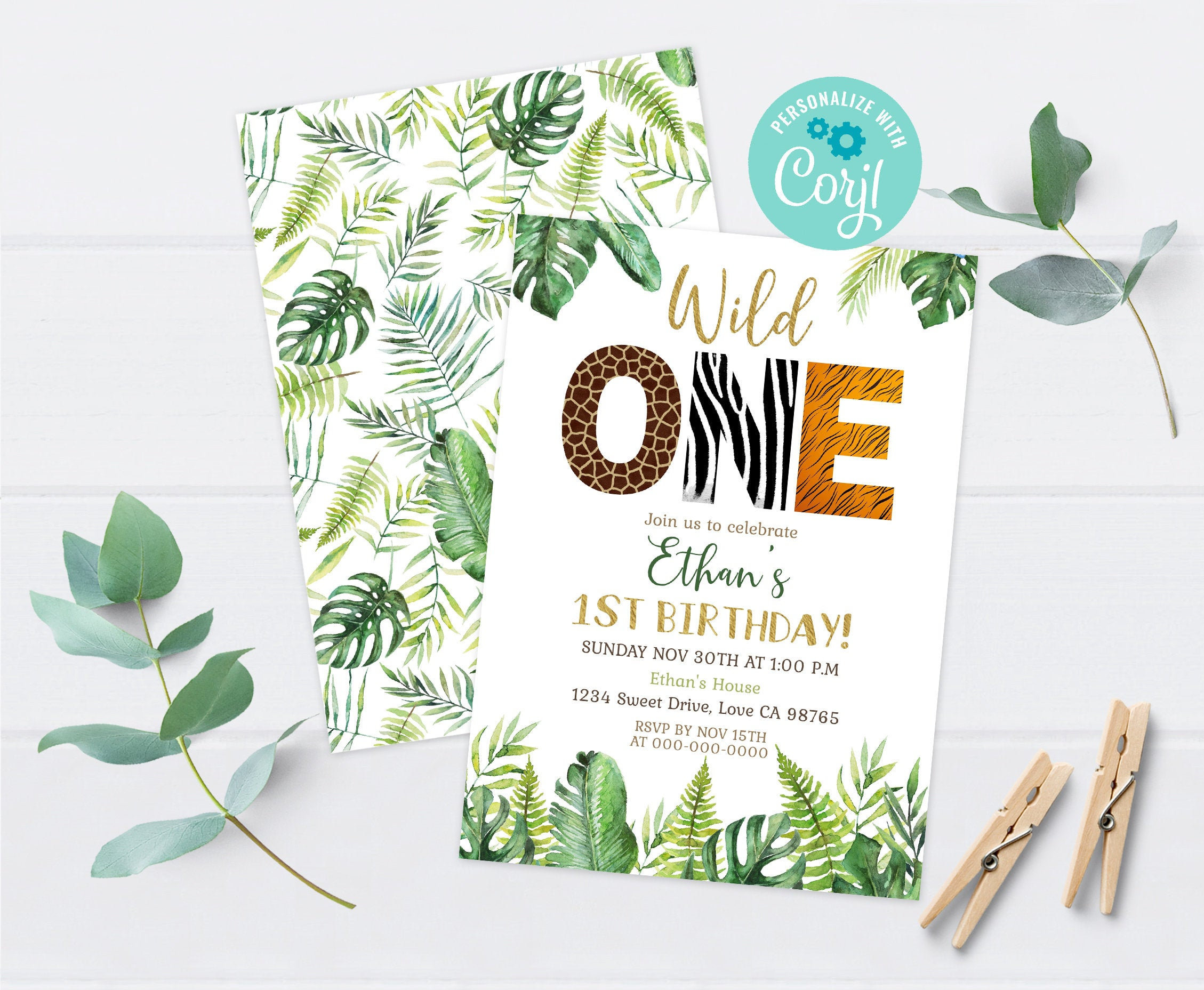 Jungle party invite Wild One birthday invitation EDITABLE animal print ...