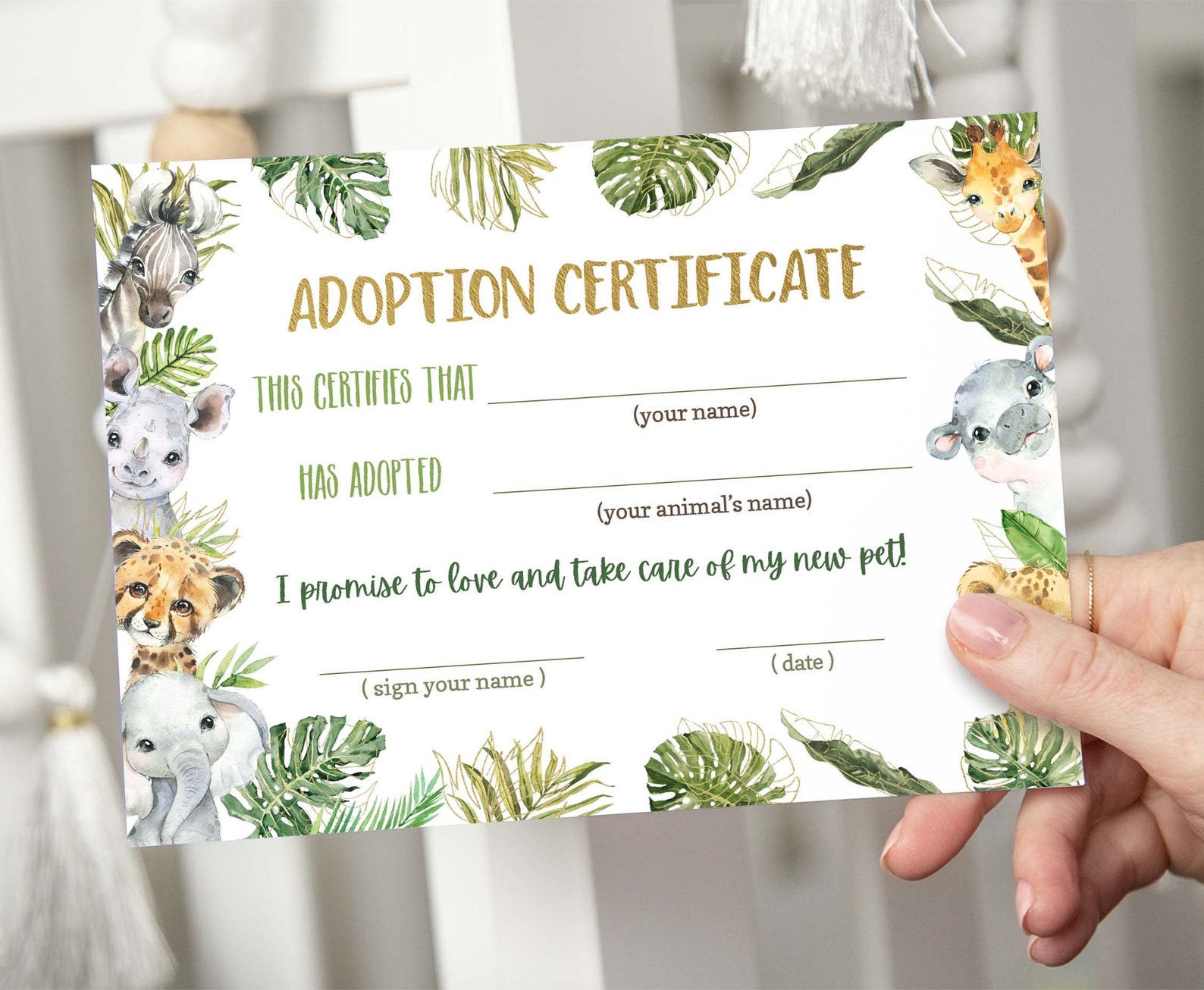 Safari Adoption Certificate, Adopt an Animal, Pet Adoption Party ...