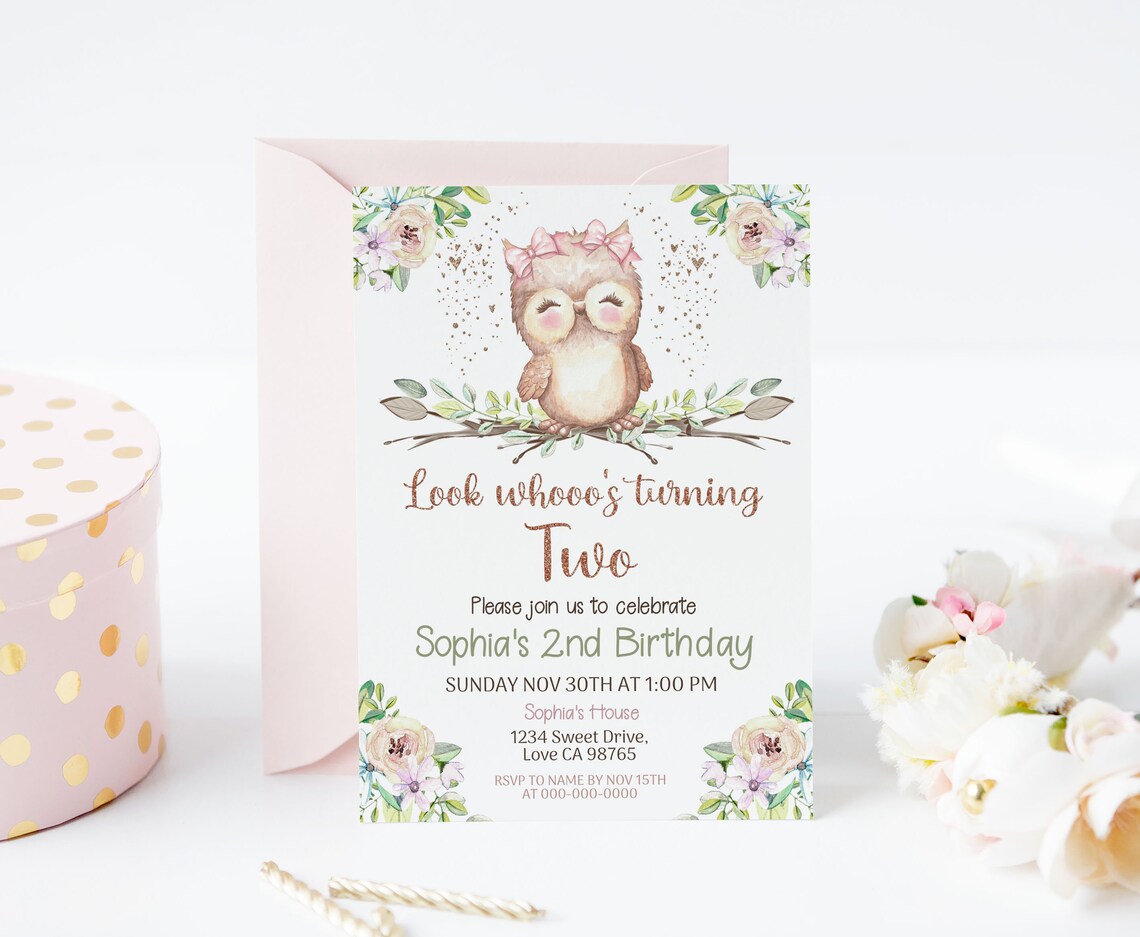EDITABLE Owl Birthday Invitation Girl Birthday Party Invite - Etsy