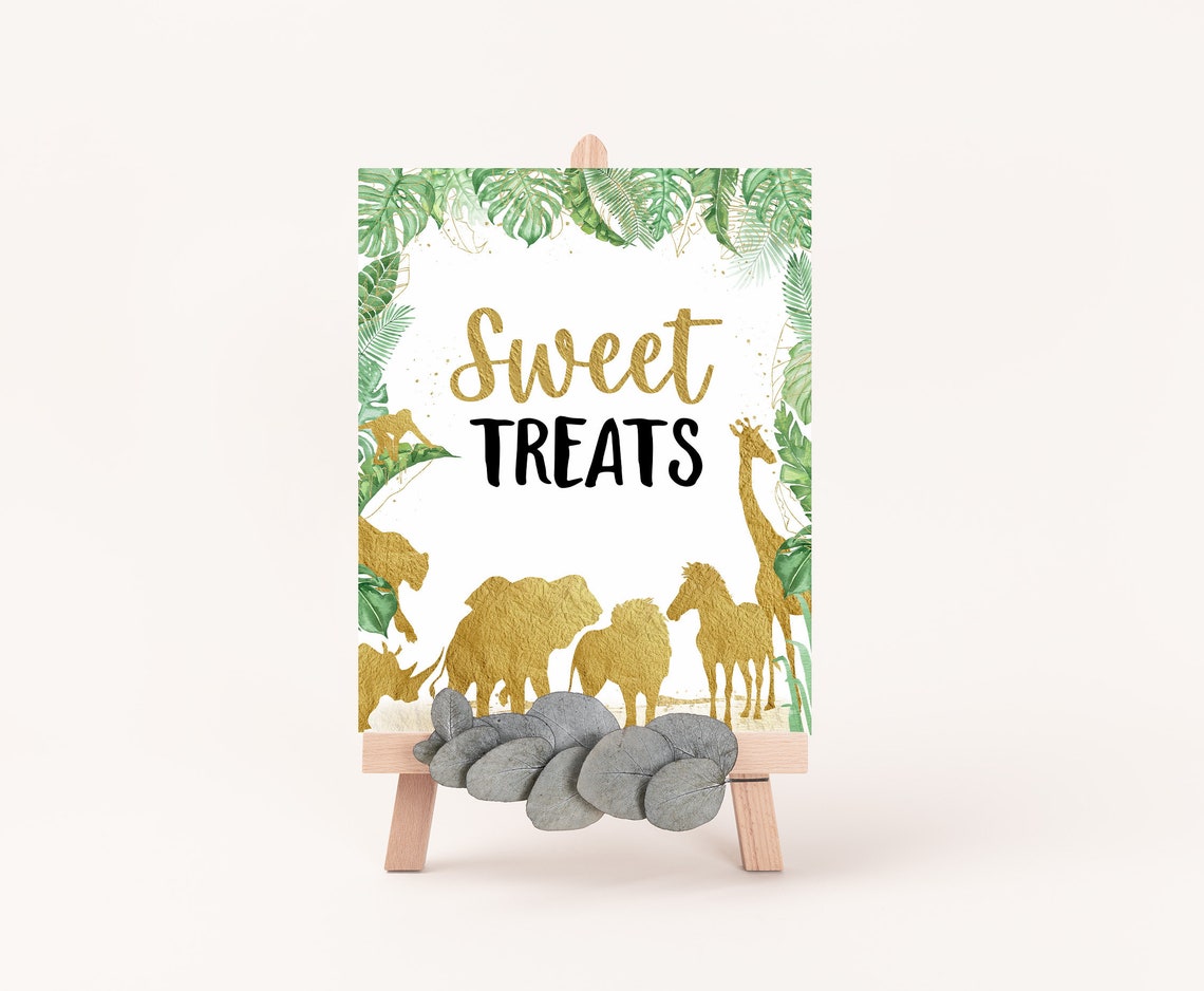 Sweet Treats Party Sign, Safari Table Sign, Gold Safari Animals ...