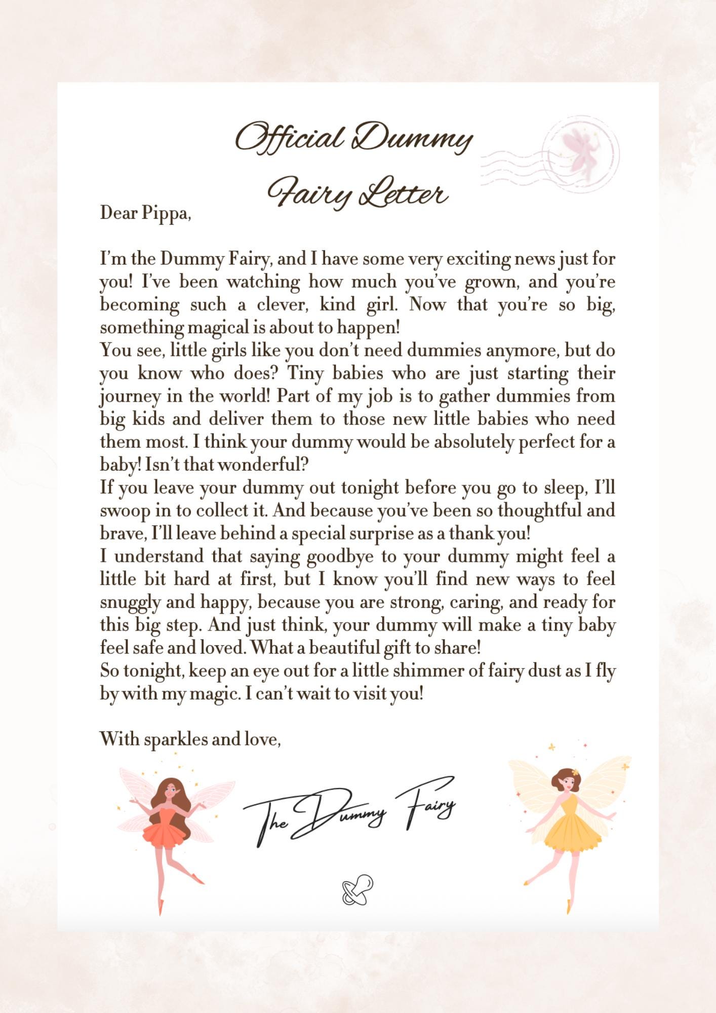 Girl's Dummy Fairy Letter | Printable Dummy Weaning Letter | Goodbye ...
