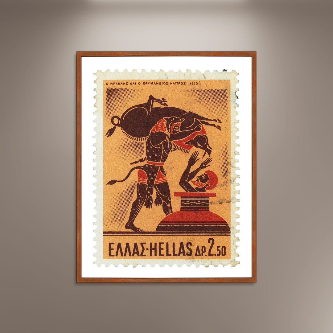 Hercules & Erymanthian Boar Greek Stamp Art Print: Vintage Mythology ...