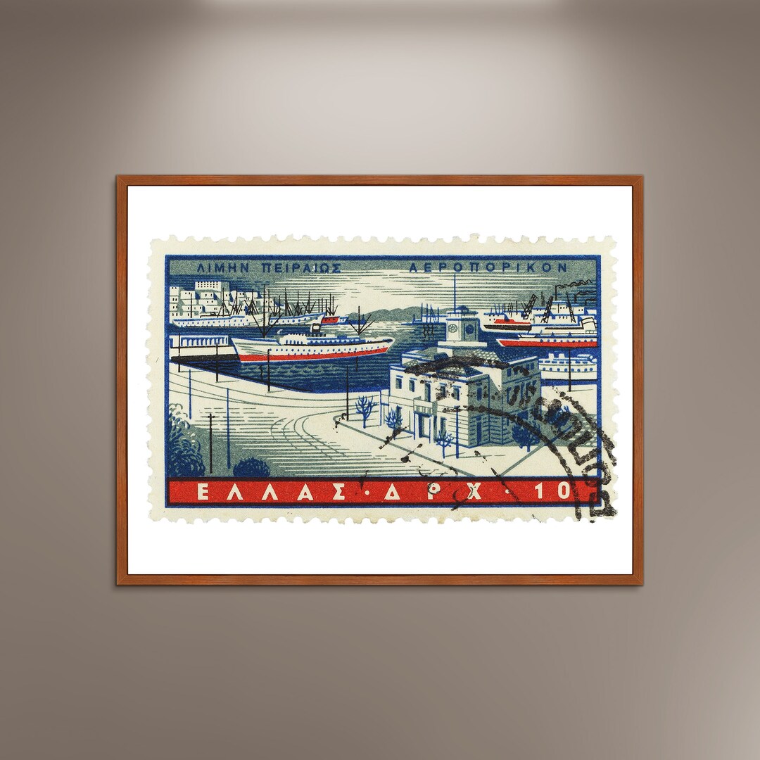 Greek Postage Stamp Art Print: Piraeus Harbour Vintage Travel Poster - Etsy