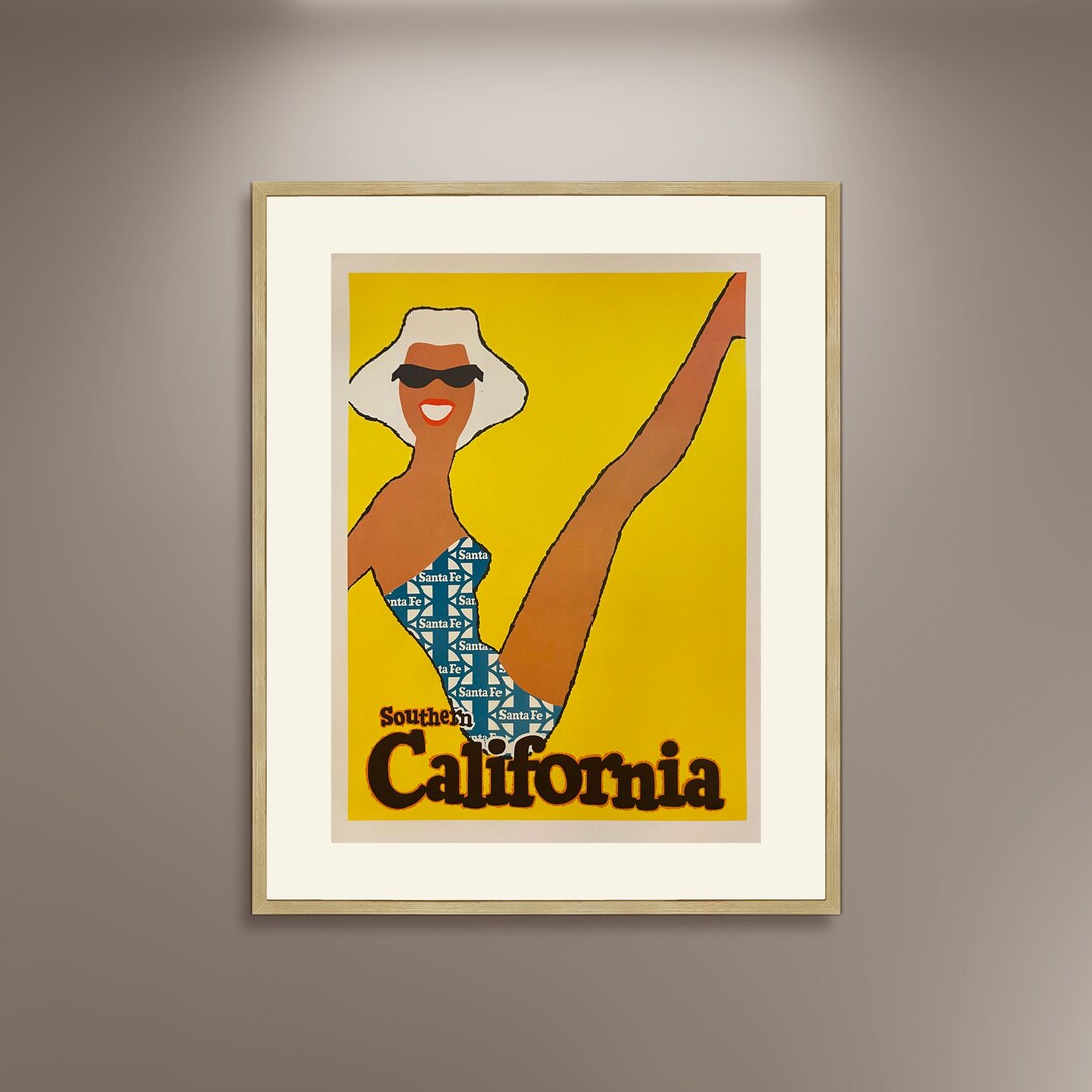 Vintage Southern California Travel Poster: Girl in Bathing Suit Framed ...