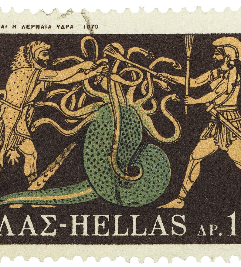 Hercules Vs Hydra Greek Stamp Art Print: Vintage Mythology Poster - Etsy
