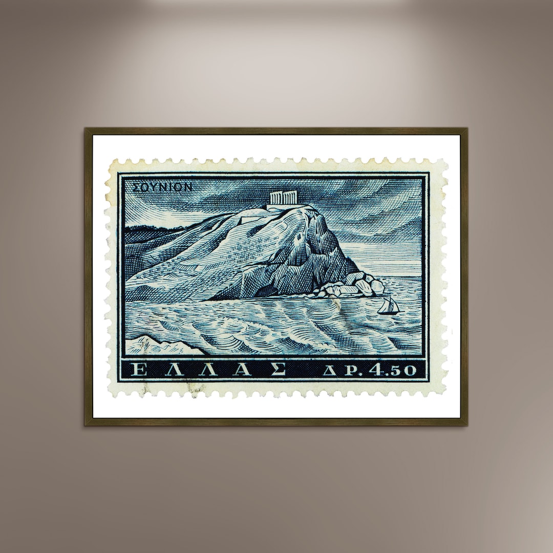 Temple of Poseidon Greek Stamp, Greece Stamp Poster Print Poster Framed ...