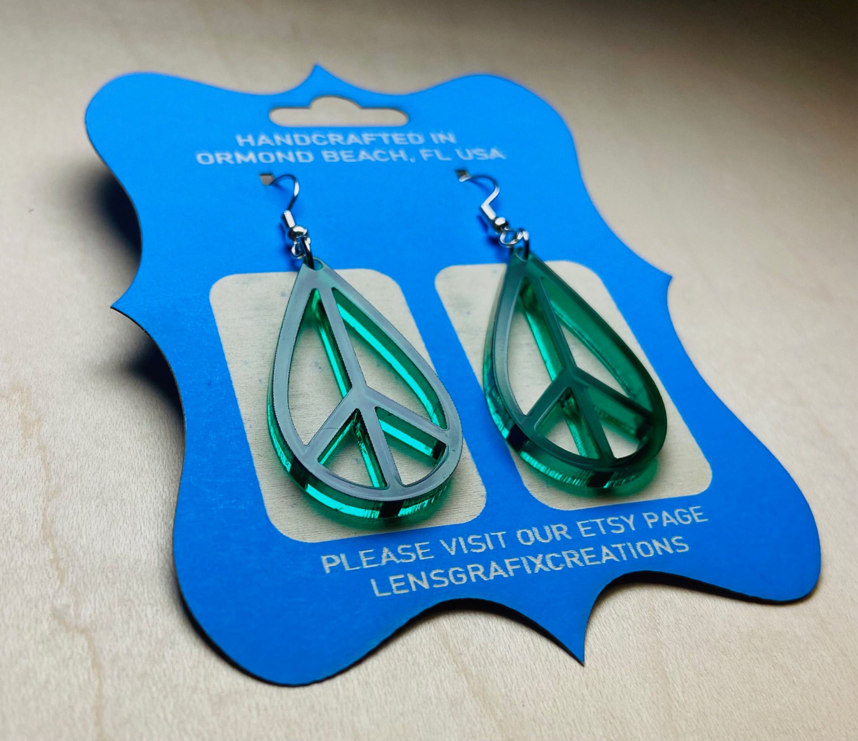 Teardrop Peace Sign Laser Cut Green Acrylic Earrings Handmade Hippie ...