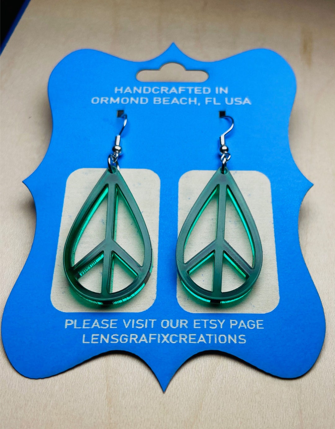 Teardrop Peace Sign Laser Cut Green Acrylic Earrings Handmade Hippie ...