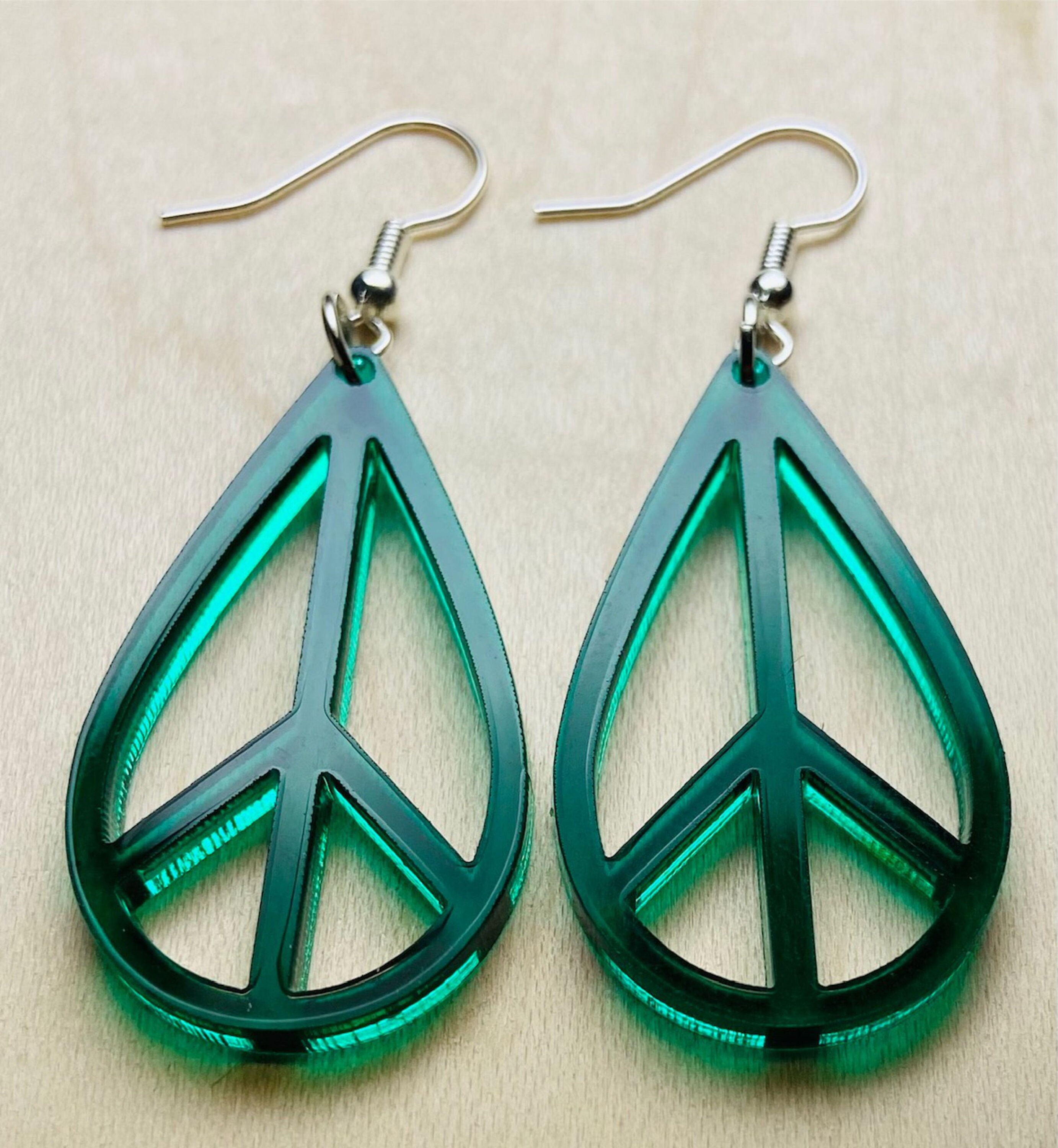 Teardrop Peace Sign Laser Cut Green Acrylic Earrings Handmade Hippie ...
