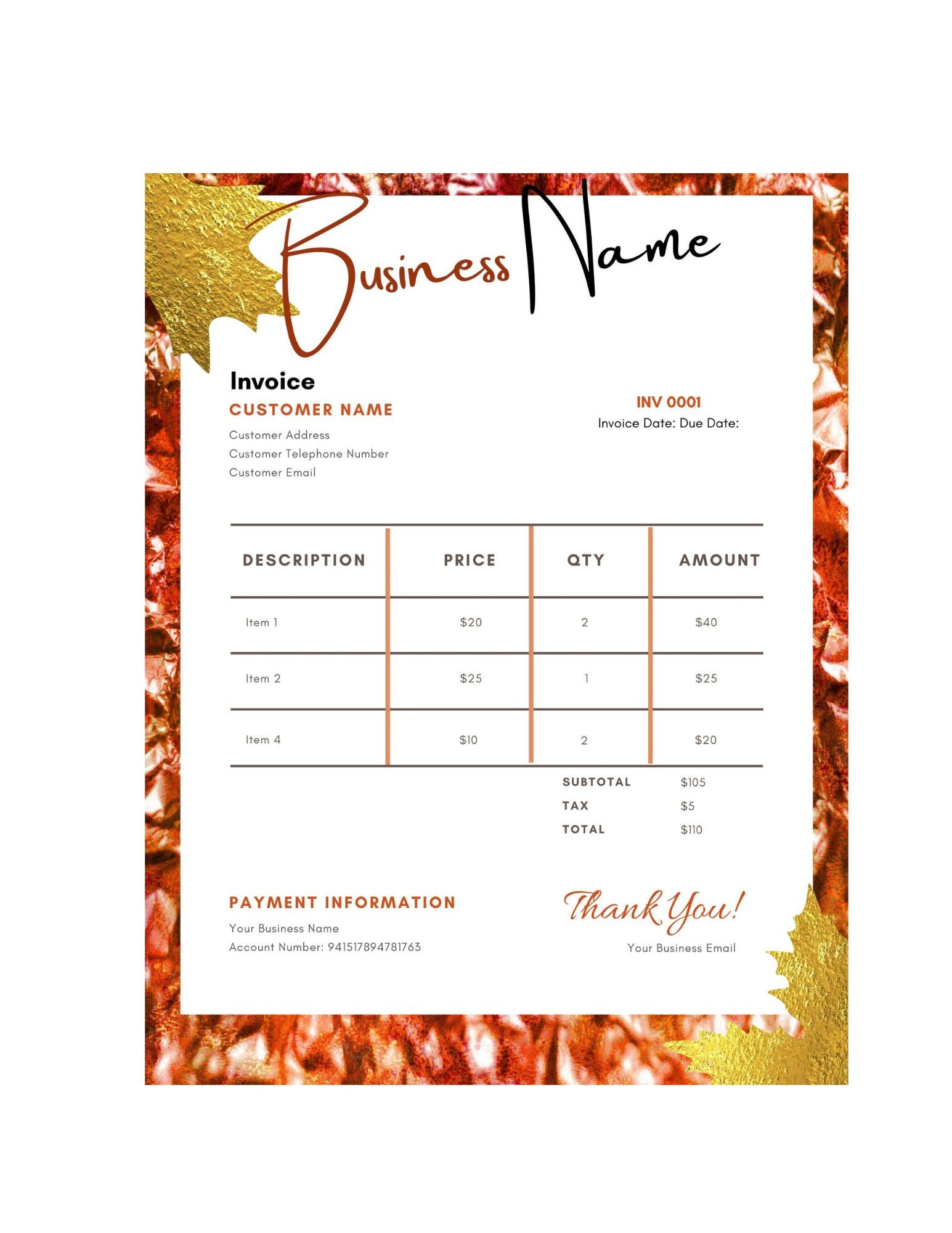 Invoice Template Editable, Printable Invoice, Business Printable ...