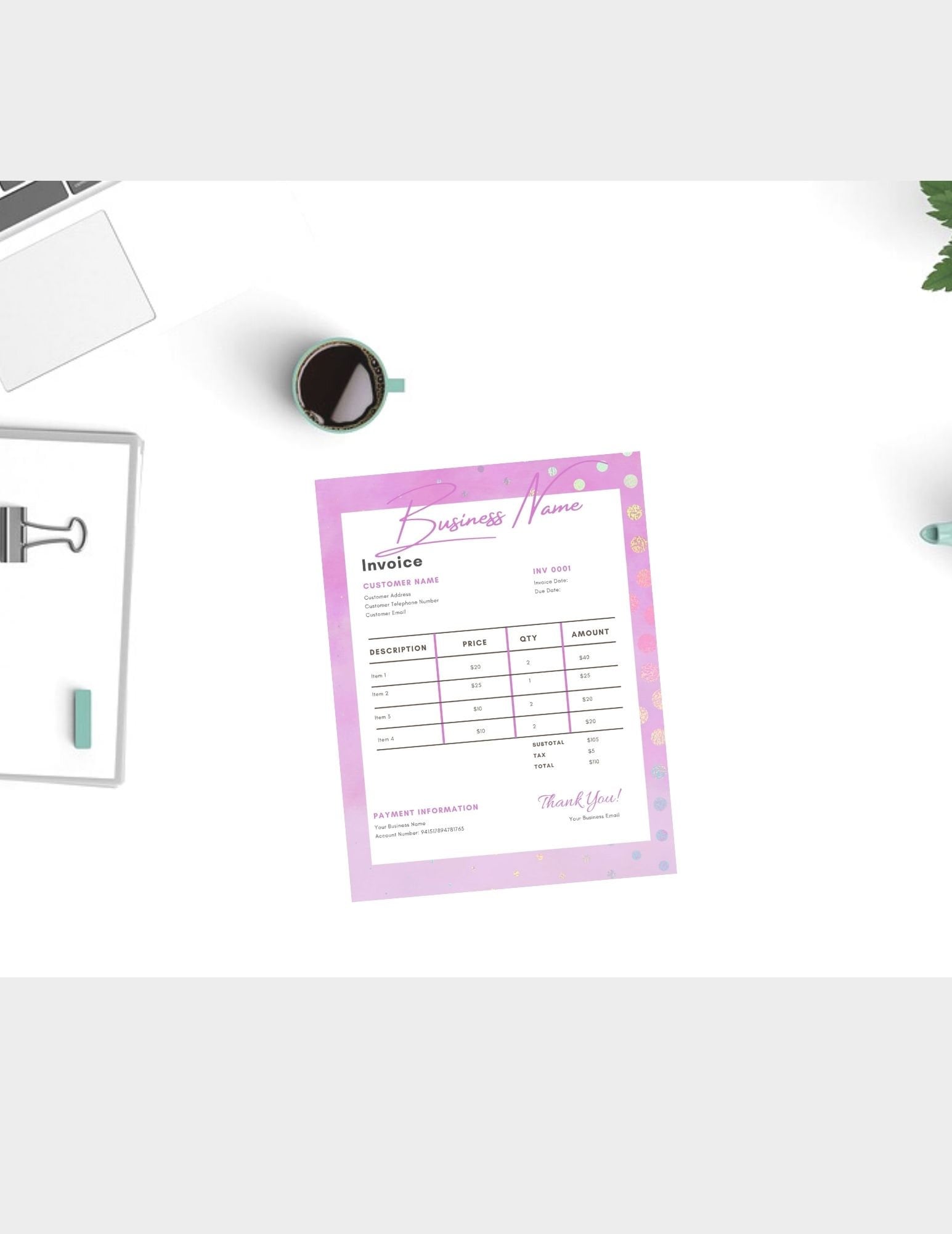 Editable Pink Invoice Template, Business Invoice Download, Printable ...