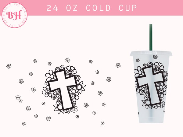 Floral Cross Cold Cup Svg, Christian Svg Files for Cricut, 24oz Venti ...