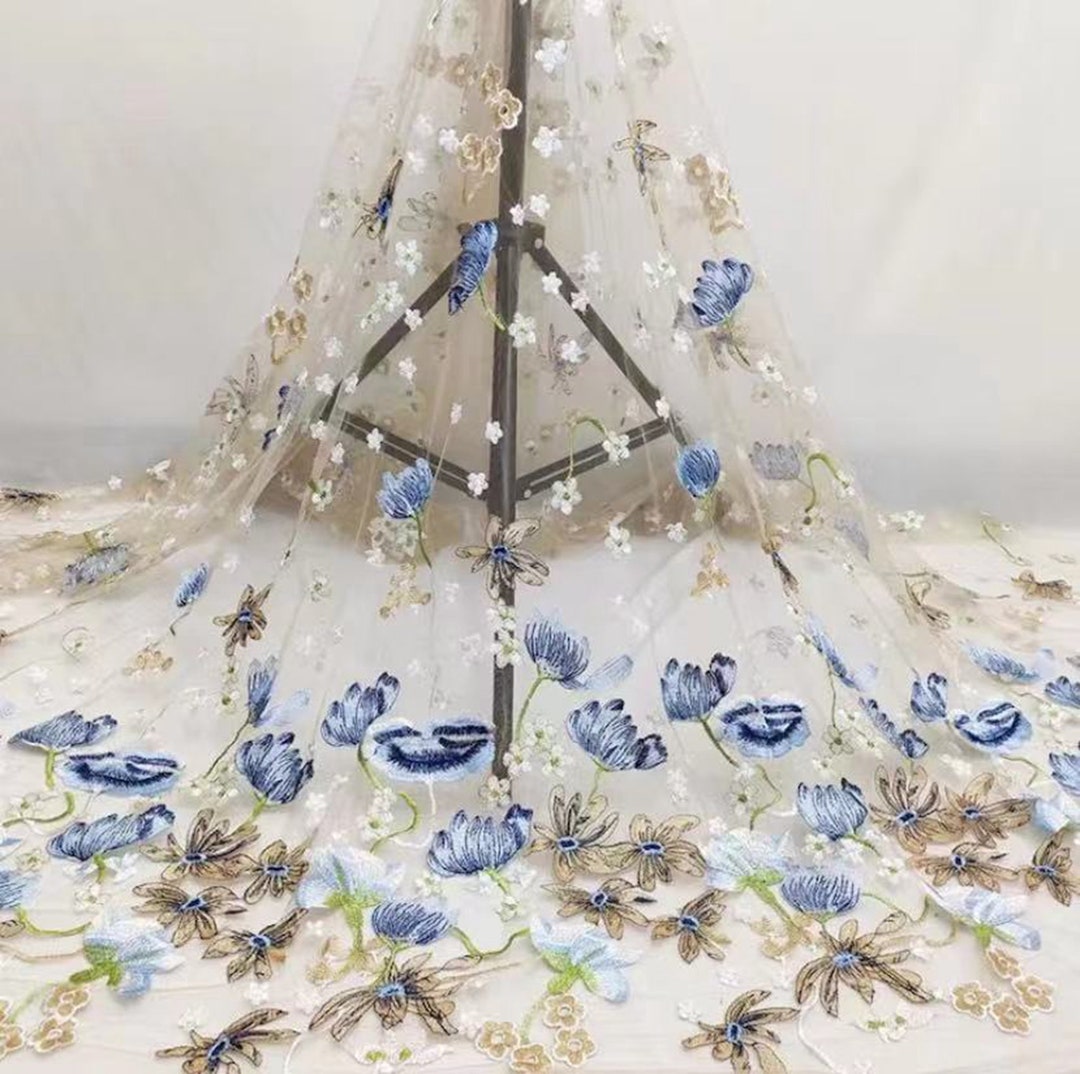 Blue Lotus Flower Lace Fabric: Exquisite Embroidered Tulle, Wedding ...