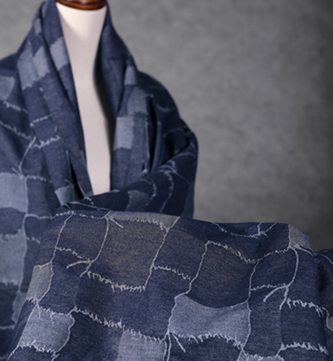 Dark Blue Small Checkered Denim Fabric - Washed Denim Fabric - Jean ...