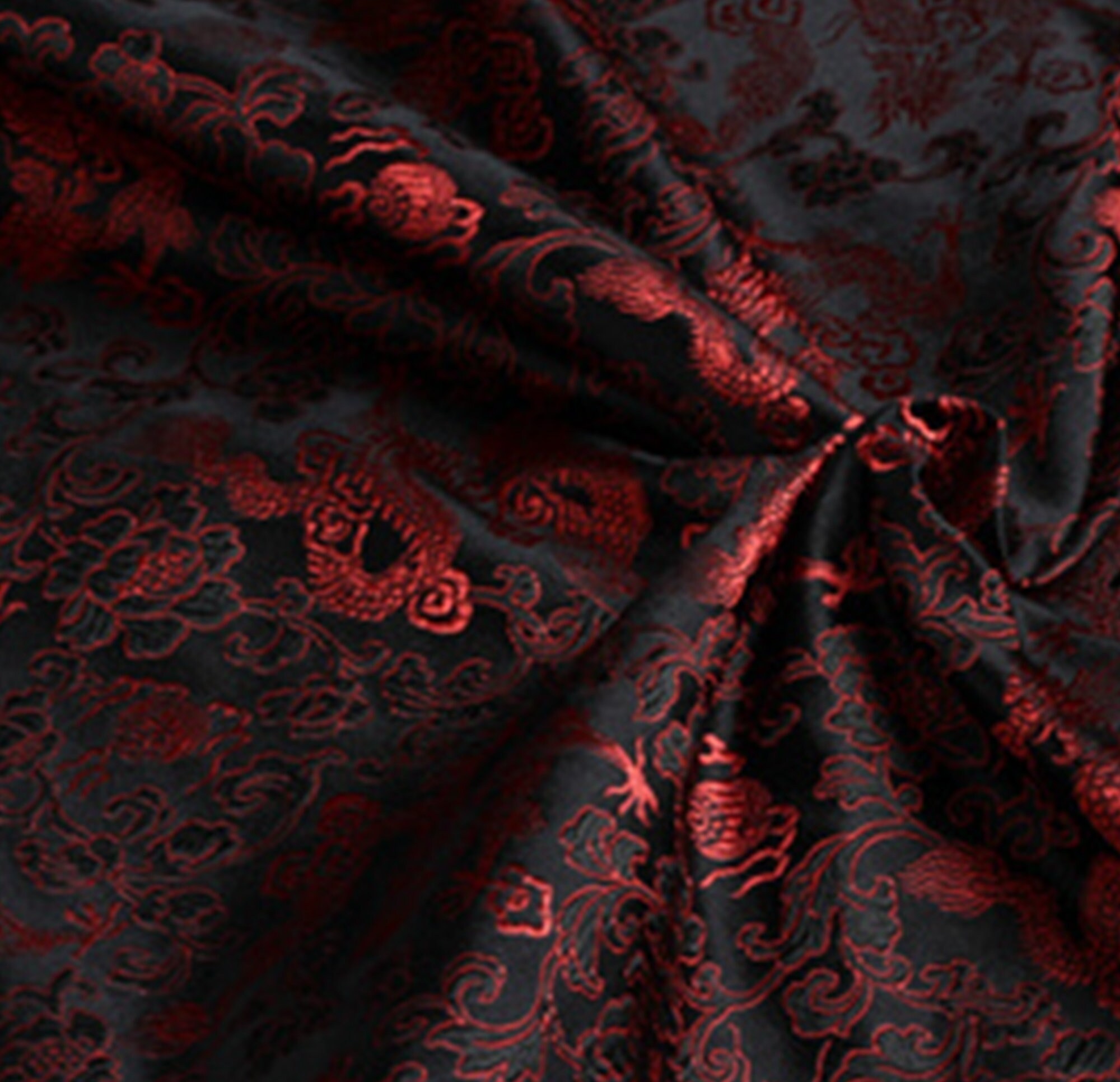 Balck Color Brocade Fabric With Red Dragons Jacquard Fabric - Etsy