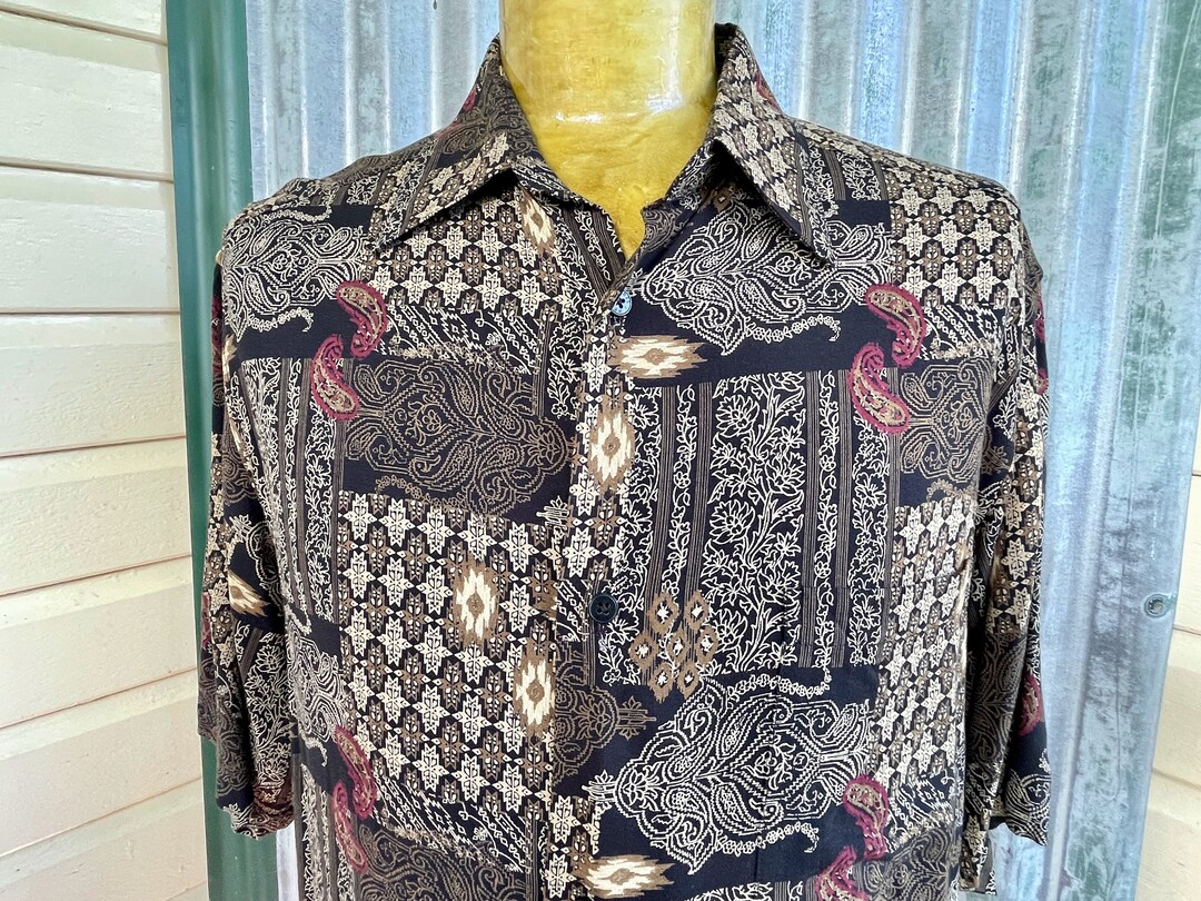 1990's Vintage Rayon Indonesian Shirt Brown Beige Cream Patchwork Look ...