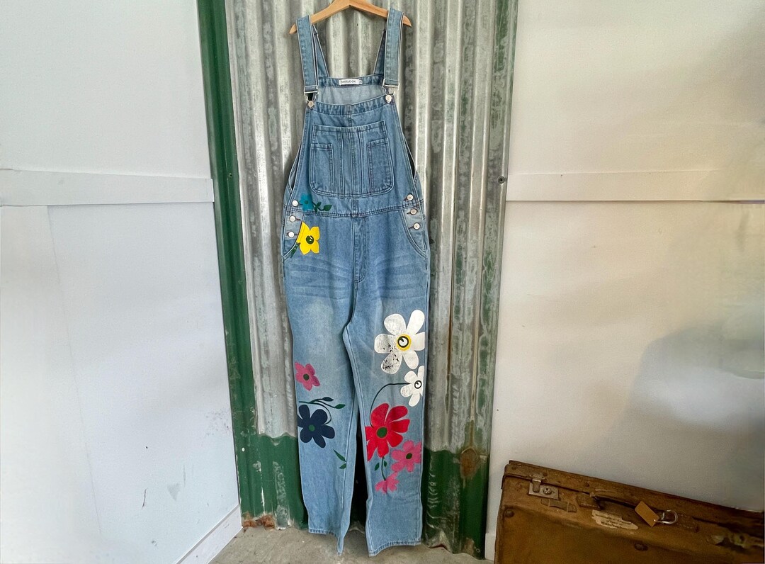 Daisy Overalls Vintage Blue Denim Red Yellow Blue Sz XL - OOAK - Etsy