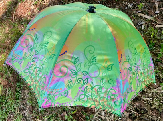 1960's Vintage Small Umbrella Floral Retro Pink Green… - Gem