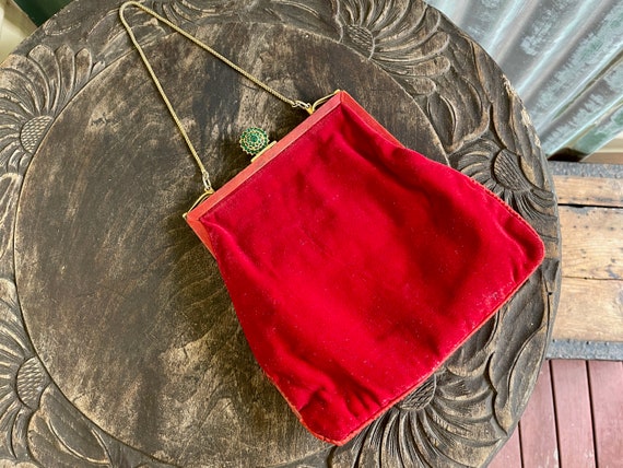 Antique 1930's Red Evening Purse Gold Green Jewelled … - Gem
