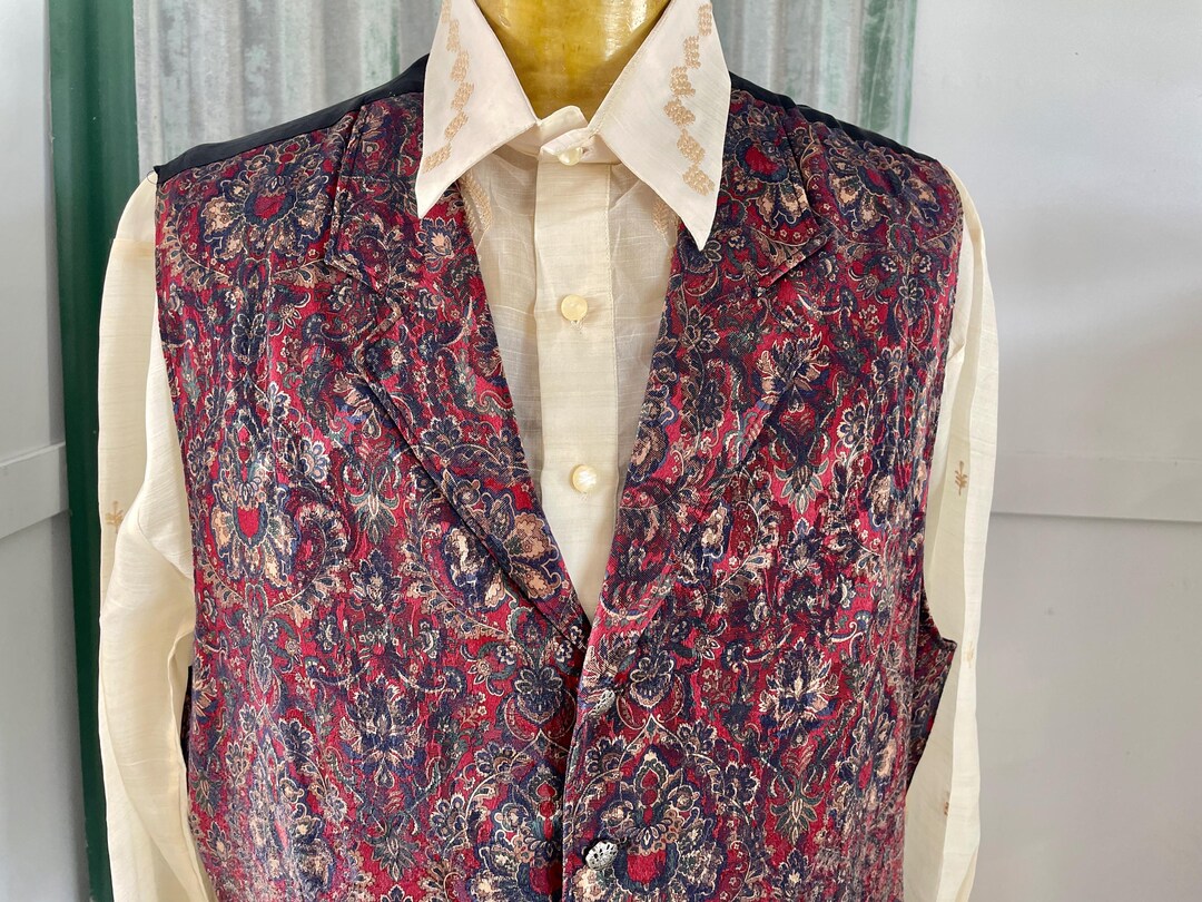 1990's Vintage Frontier Vest Old West Floral Burgundy Navy Taupe Size ...