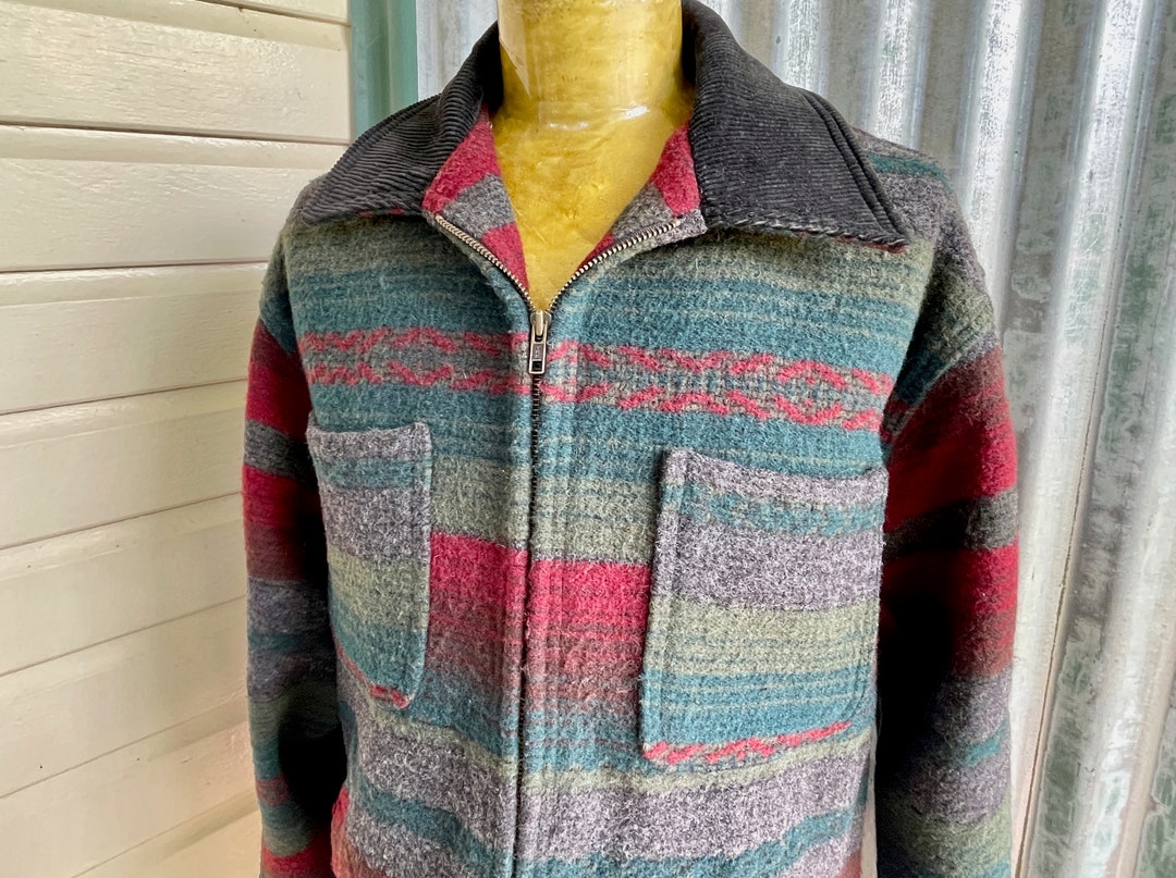 1990's Vintage Woolrich Wool Jacket Striped Design Blue Red Sz L - OOAK - Etsy
