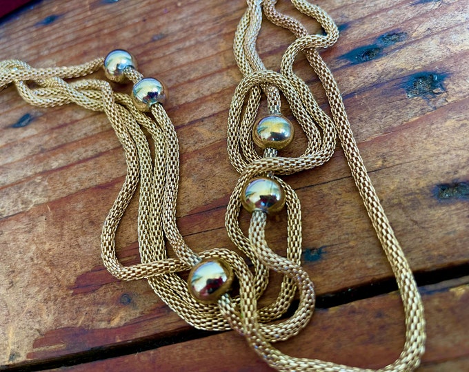 1970's Vintage Gold Multi-strand Mesh Chain Necklace With Beads ...