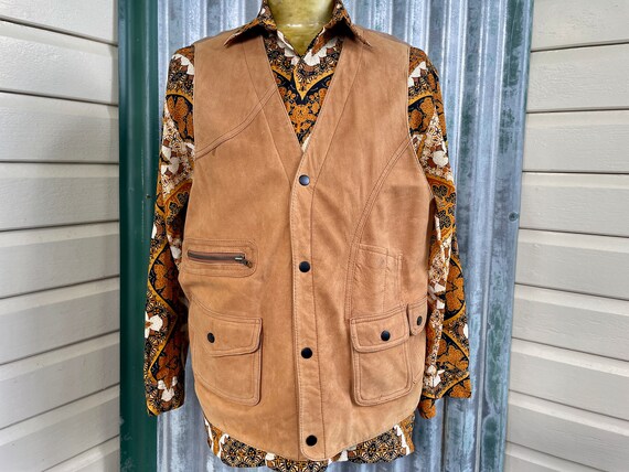 1980s Vintage Leather Utility Vest Tan Pockets Sz XXL… - Gem