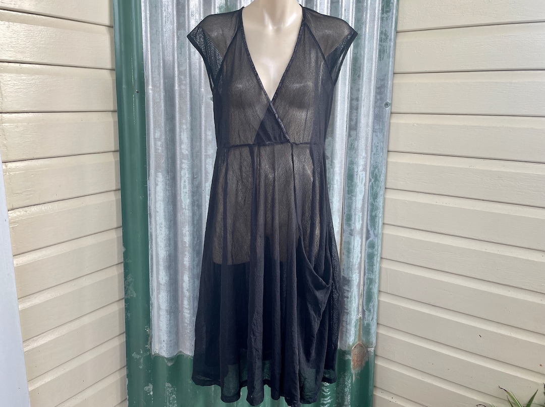 Black Sheer Mesh Dress Mid Length Cap Sleeve Pocket Sz - OOAK - Etsy