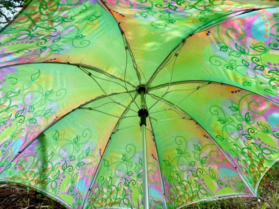 1960's Vintage Small Umbrella Floral Retro Pink Green… - Gem