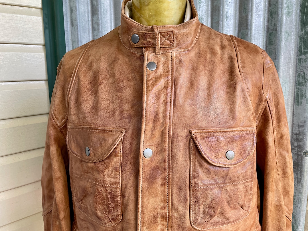 1980s Leather Bomber Jacket Tan Brown Patch Pockets Snaps Zip Sz XL ...