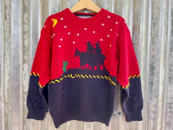 1990's Vintage Kid's Jumper Red Blue Western Cowboy H… - Gem