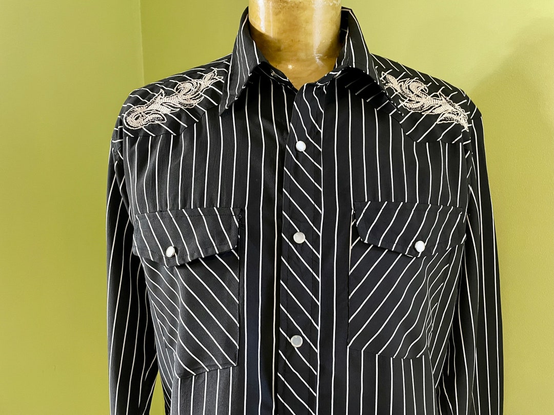 1990's Vintage Black White Pinstripe Embroidered Western L/S Shirt Sz L ...